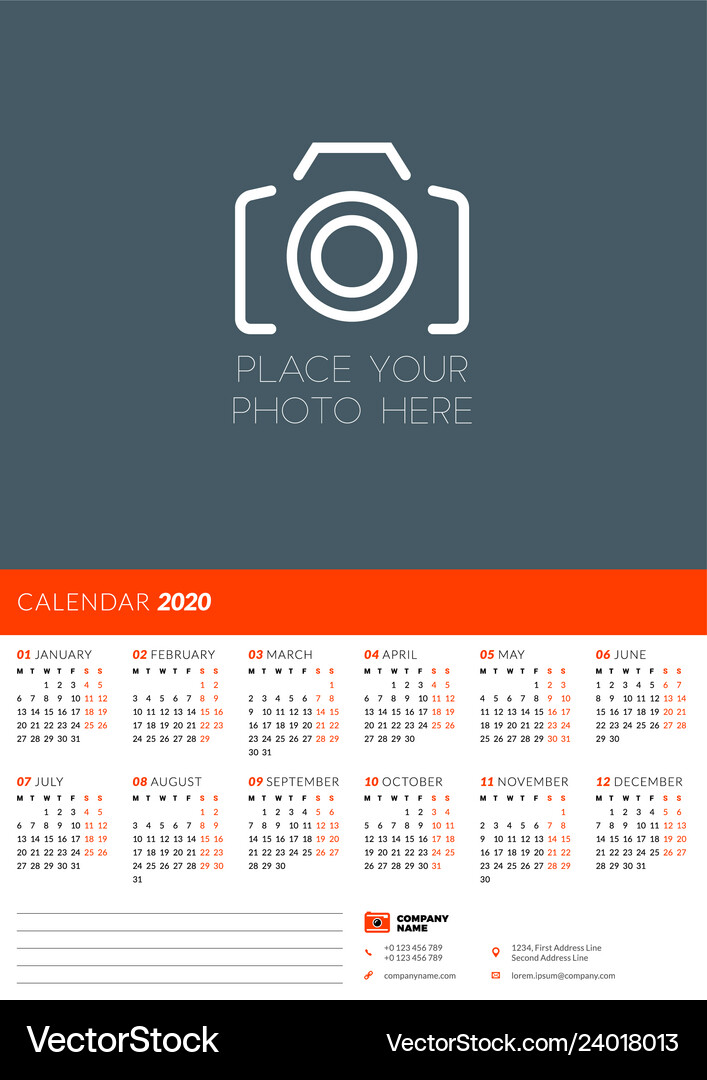 Calendar design template for 2020 year week Vector Image