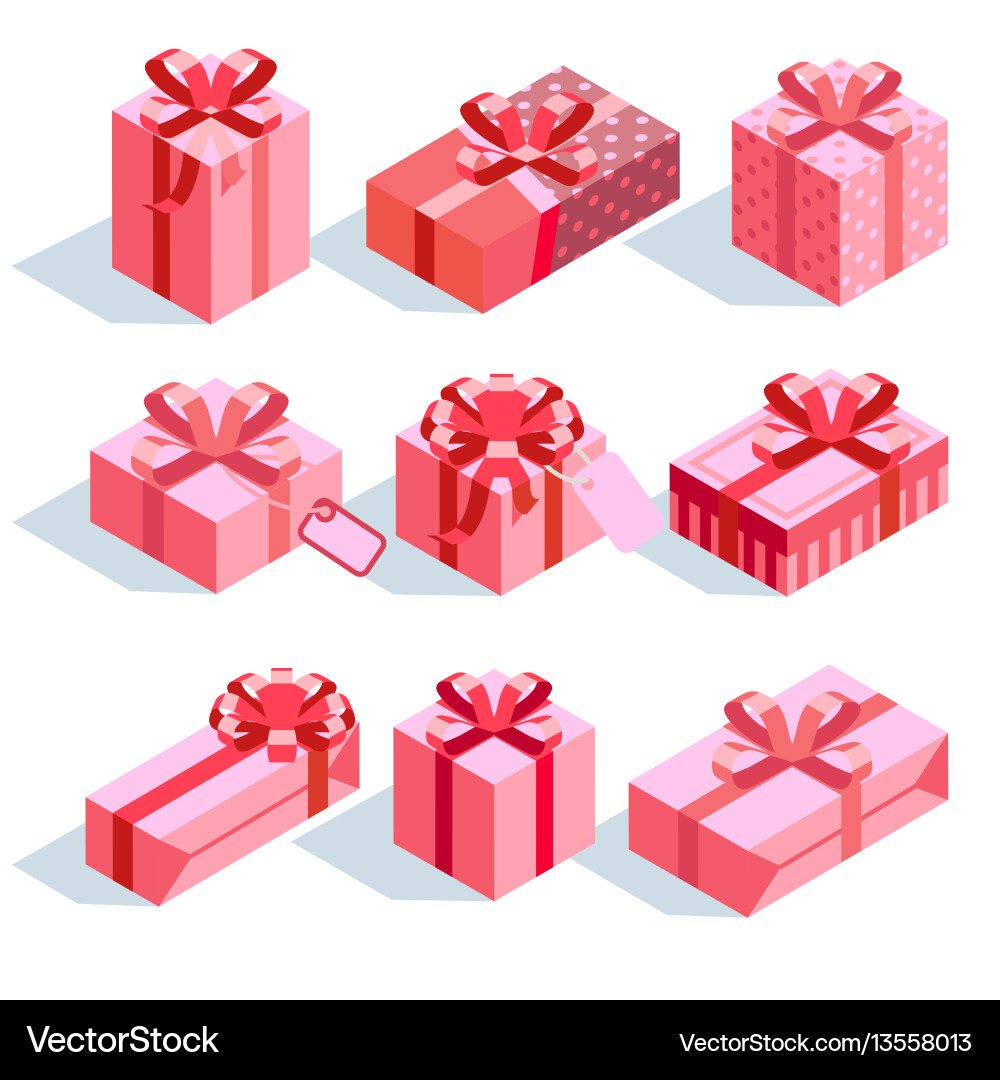 Pink gift boxes with ribbon bows icons set Vector Image