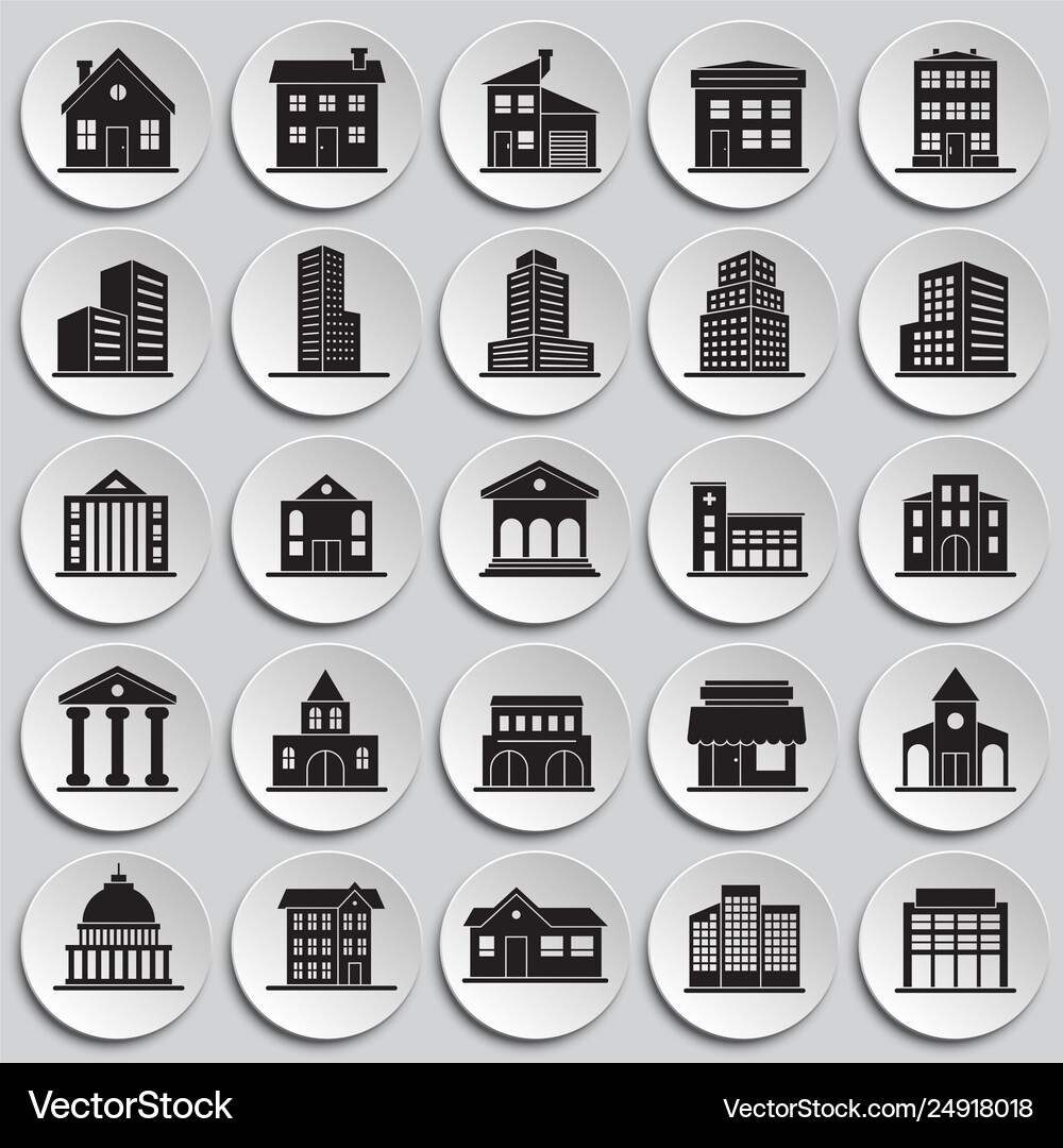 Buildings icons set on plates background Vector Image
