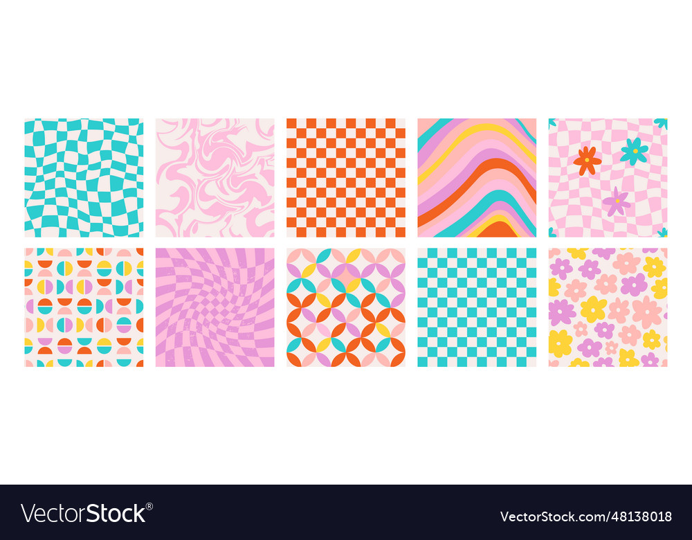Groovy seamless patterns with daisy wave chess Vector Image