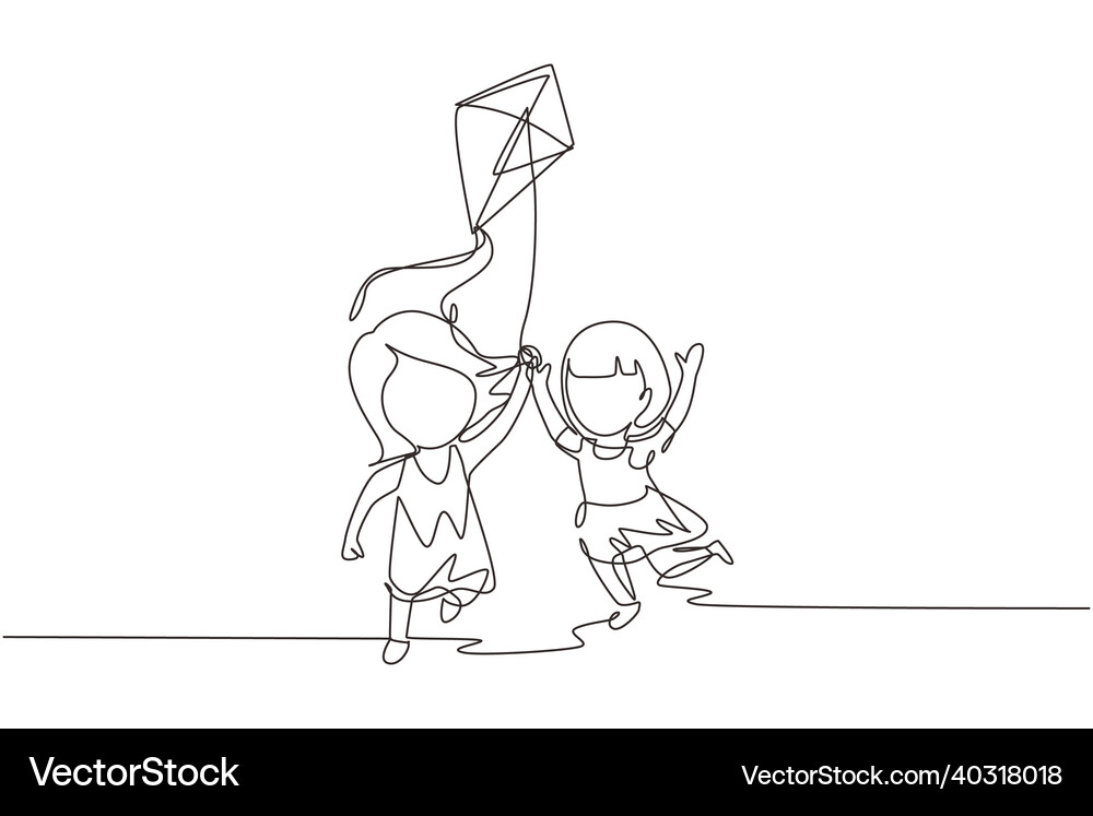 Single one line drawing two girl playing to fly Vector Image