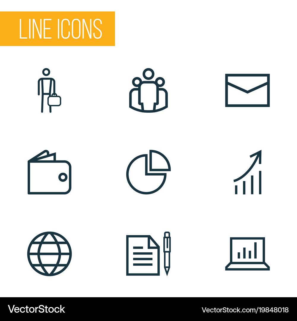 Trade icons line style set with work man envelope Vector Image