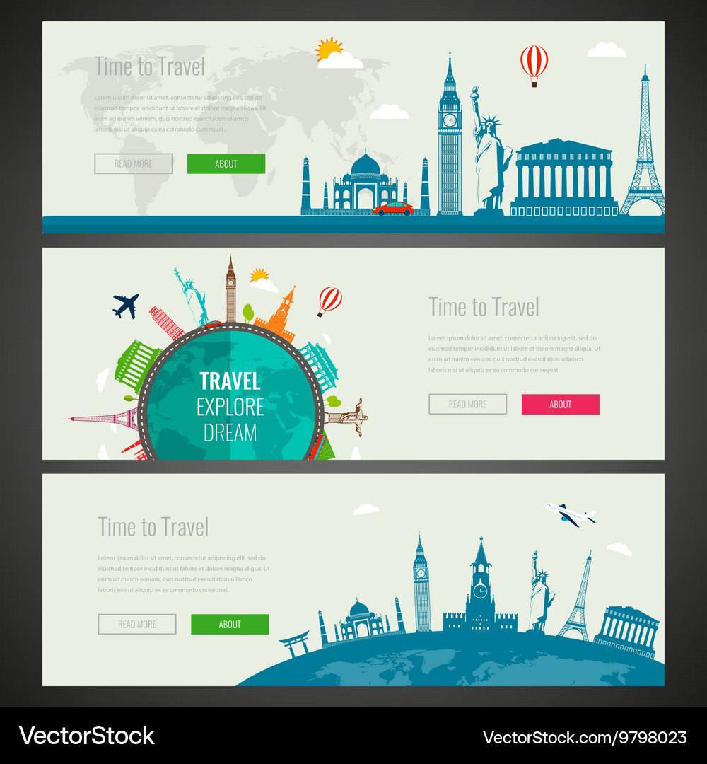 Three Travel and Tourism Headers Banners with Vector Image