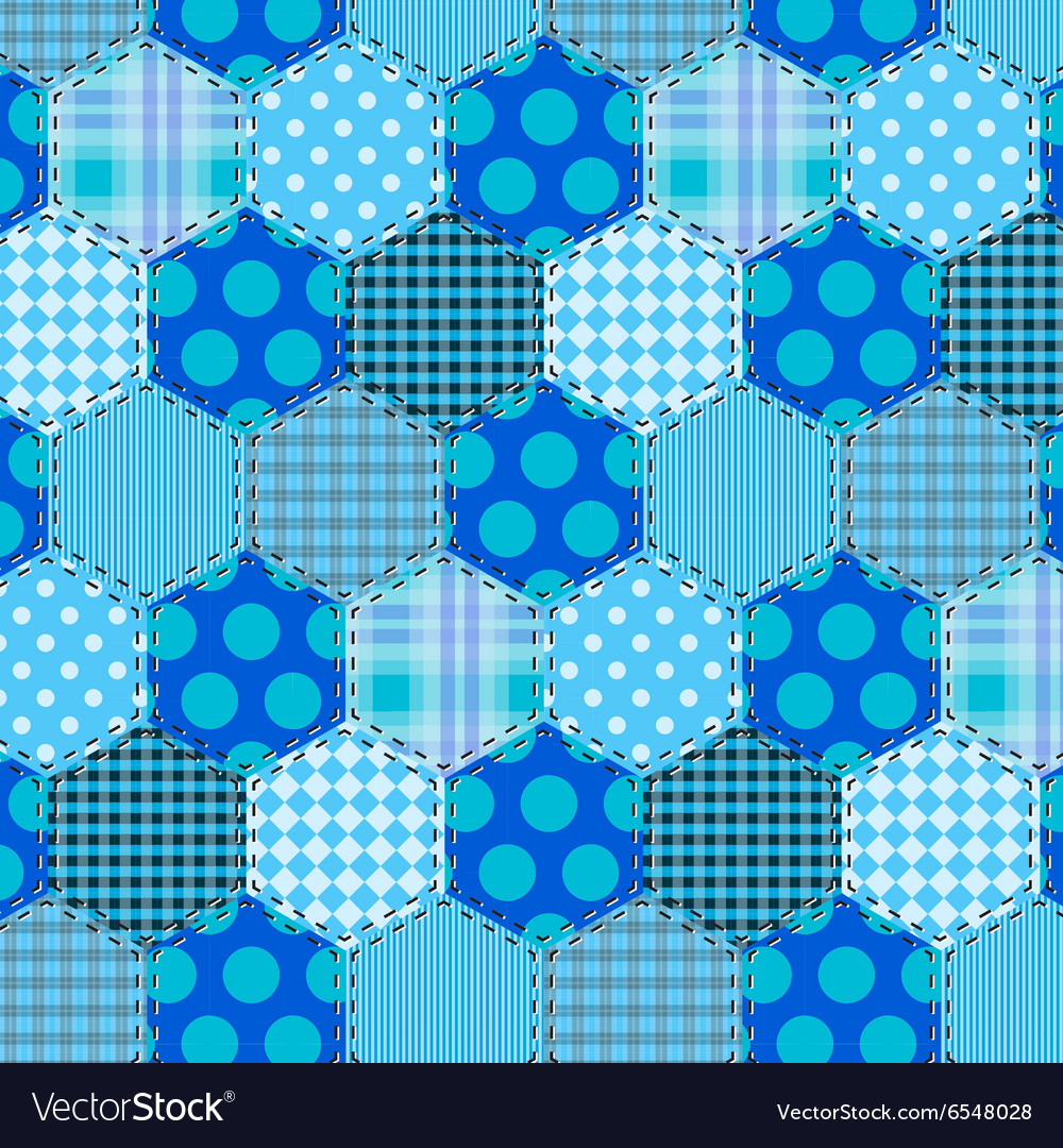 Seamless pattern patchwork blue fabrics hexagon Vector Image