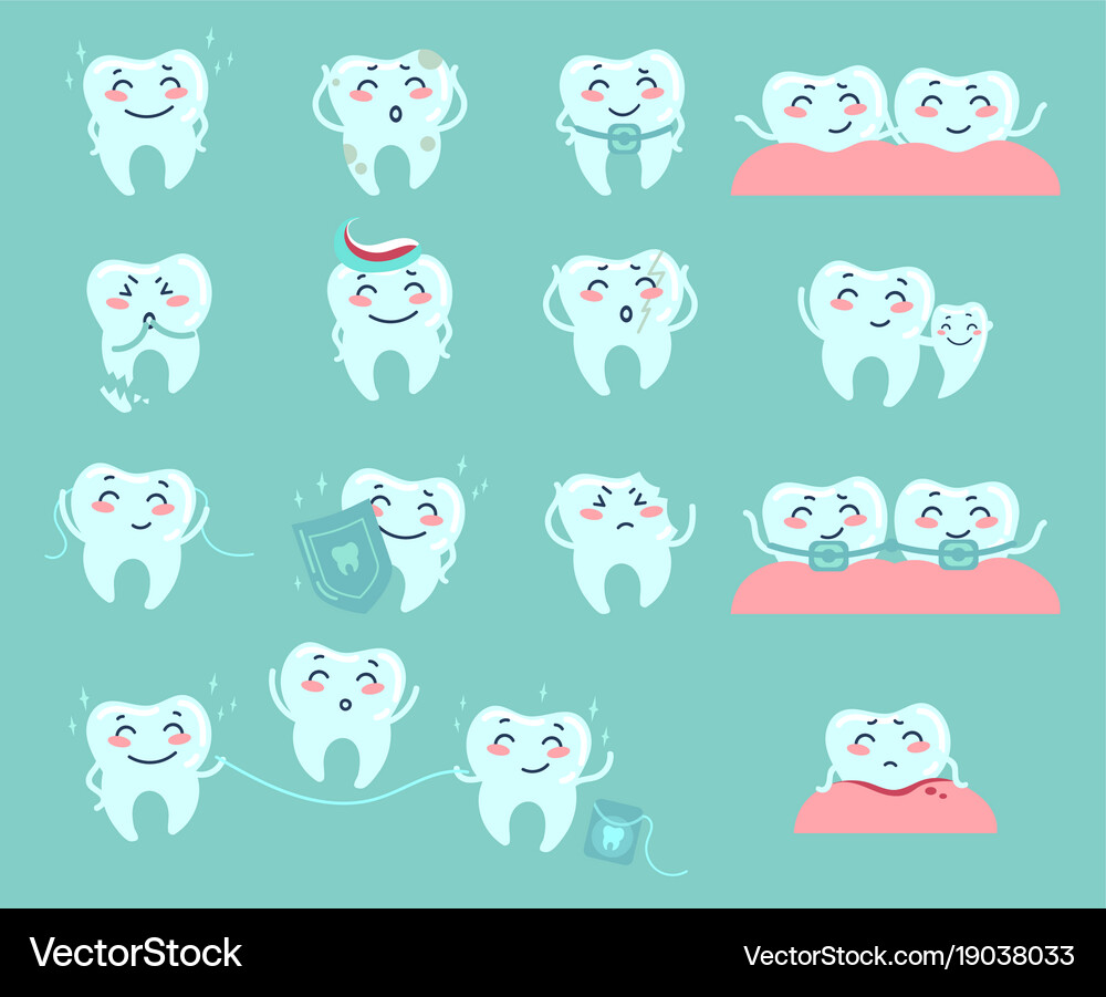 Cute cartoon teeth dentistry problems and treat Vector Image