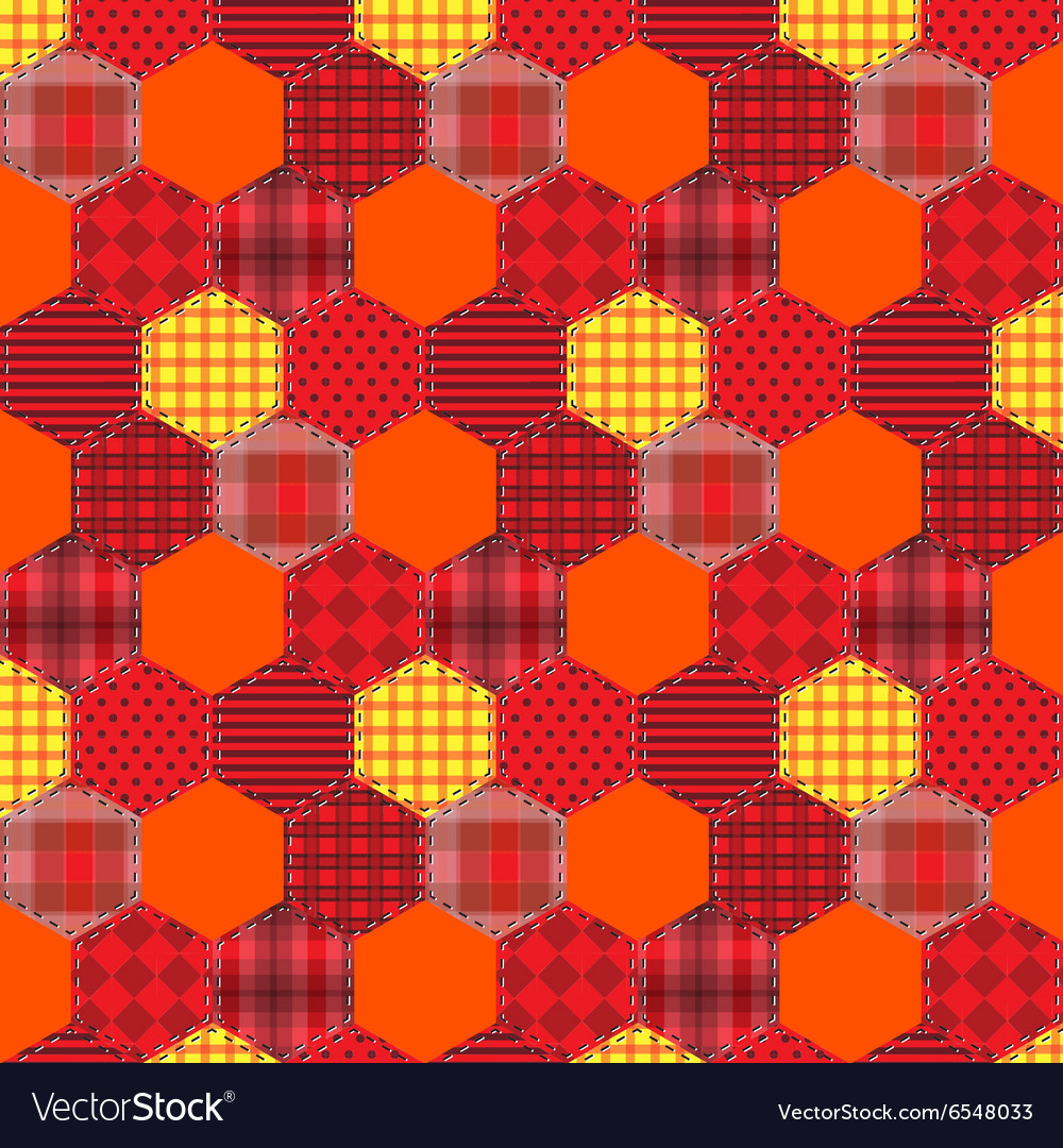 Seamless pattern patchwork orange fabrics hexagon Vector Image