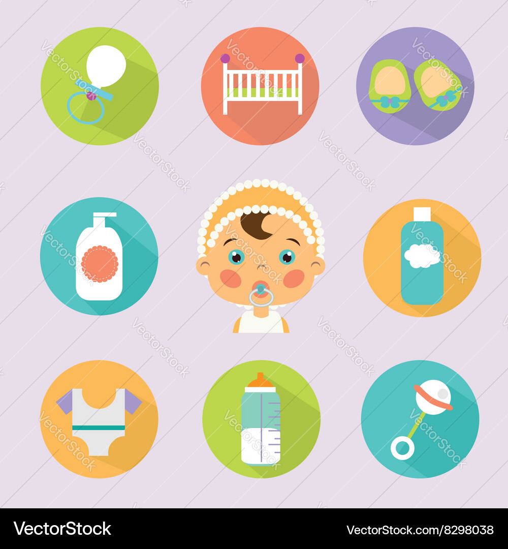 Baby treatment flat icons set Royalty Free Vector Image
