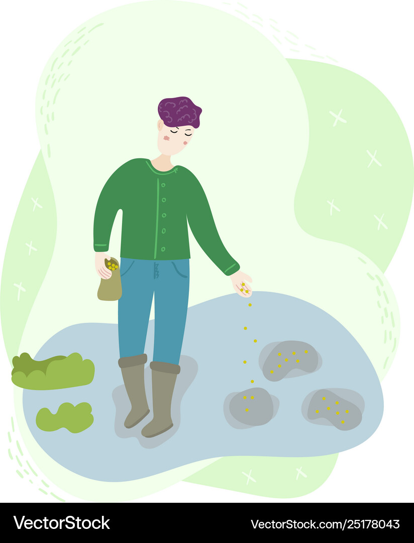 A man farmer happy worker sowing seeds in soil Vector Image