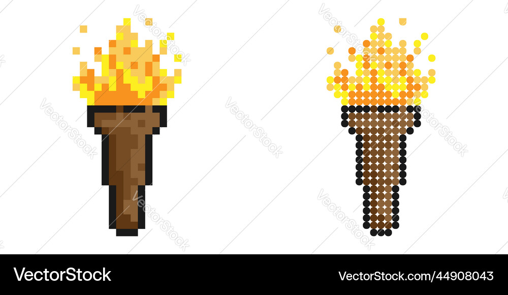 Pixel icon torch icon with burning fire road Vector Image