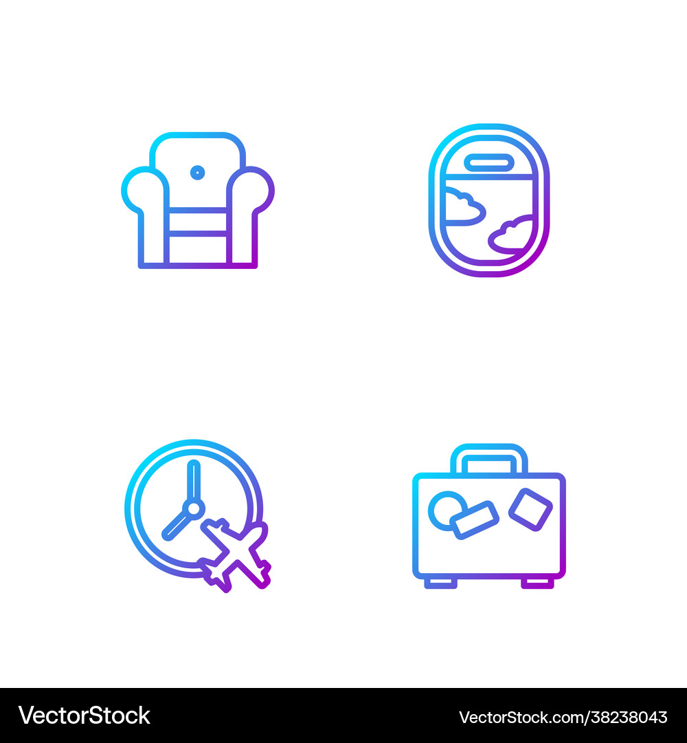 Set line suitcase clock with airplane armchair Vector Image