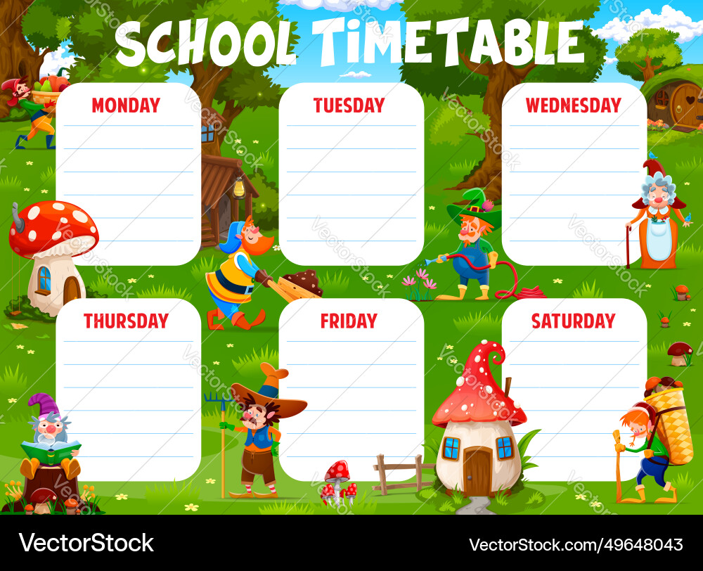 Timetable with cartoon gnome characters at village