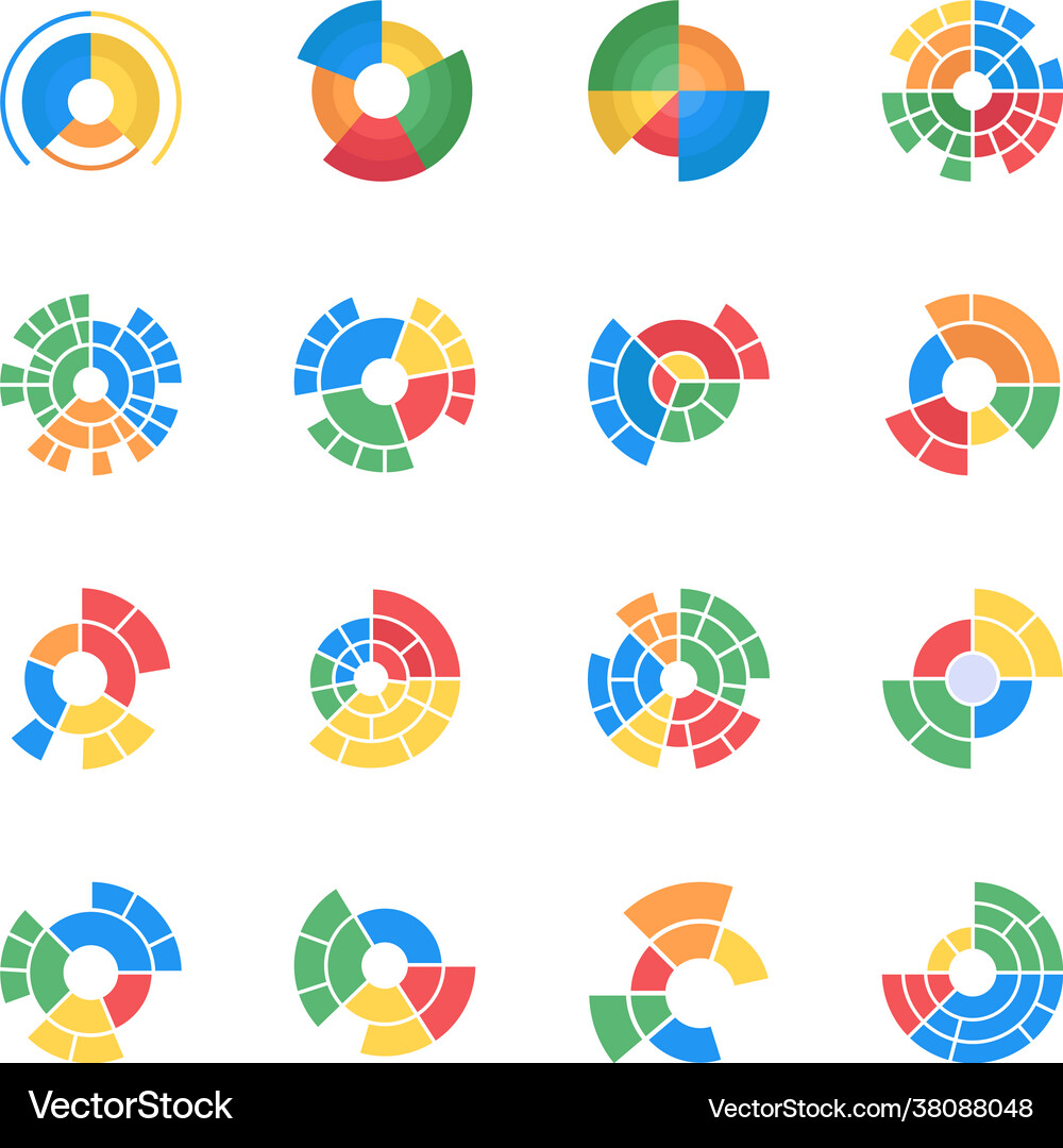 Variety visual sunburst diagrams flat icons Vector Image