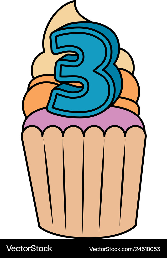 Sweet cupcake with candle number three Royalty Free Vector