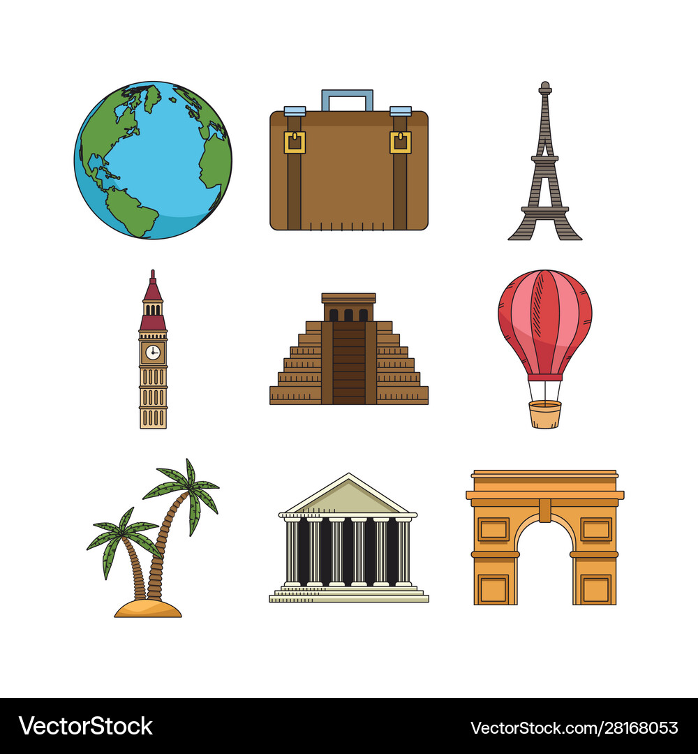 Travel and monuments world icon set Royalty Free Vector