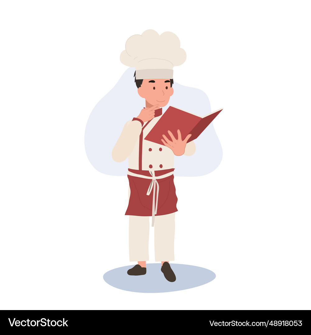 Young chef reading cooking book child chef Vector Image