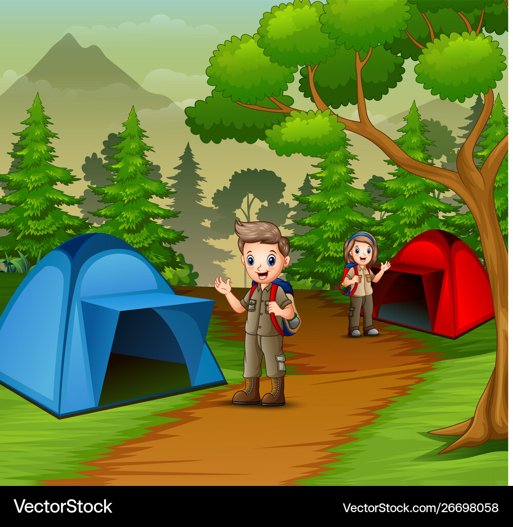 Young scout in camping zone scene Royalty Free Vector Image