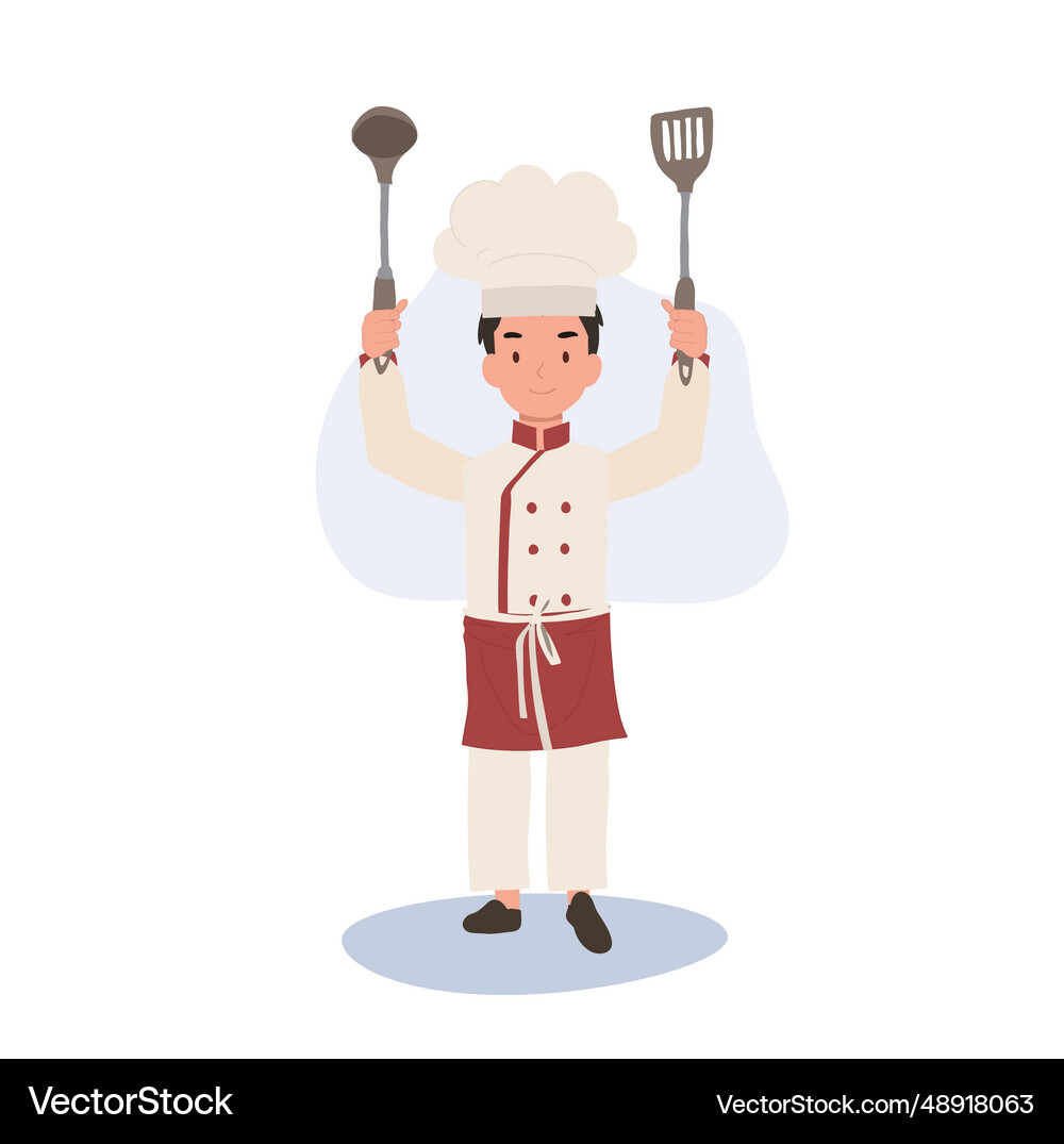 Young culinary pro holding flipper and dipper up Vector Image