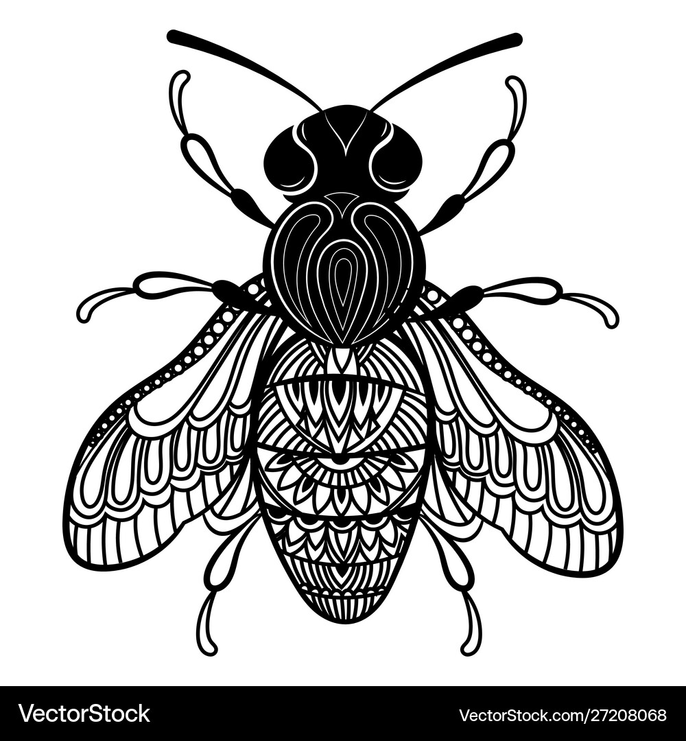 Bee with patterns black white ornaments Royalty Free Vector