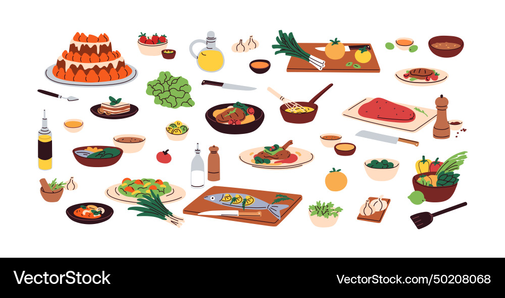 Food dishes culinary set meat fish Royalty Free Vector Image