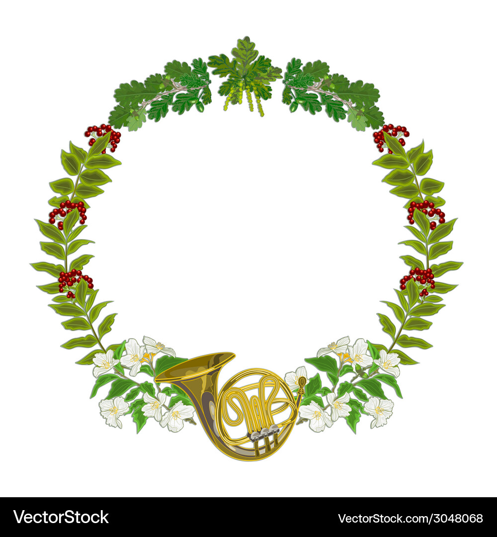Frame hunting theme forest plants and horn Vector Image