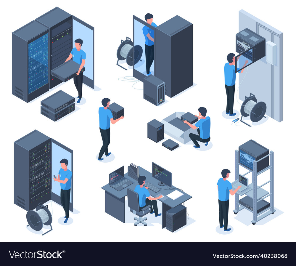 Isometric engineers characters serve data center Vector Image Isometric engineers characters serve data center Vector Image