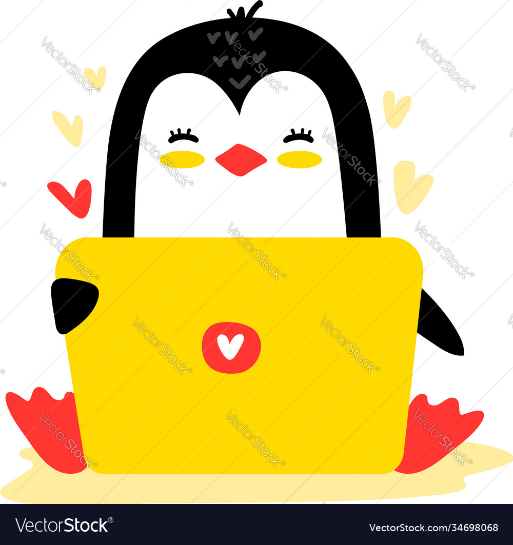 Penguin sitting with a laptop Royalty Free Vector Image