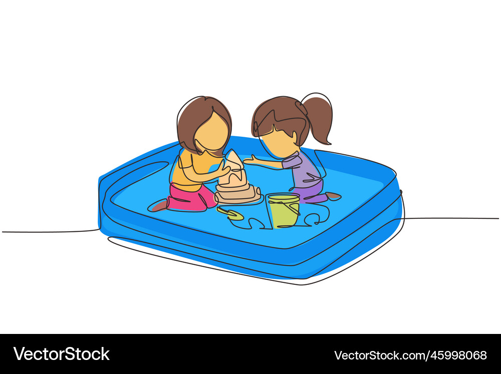 Single one line drawing two little girl playing Vector Image