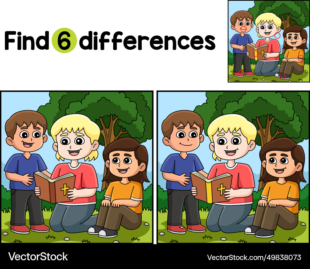 Christian children with bible find the differences