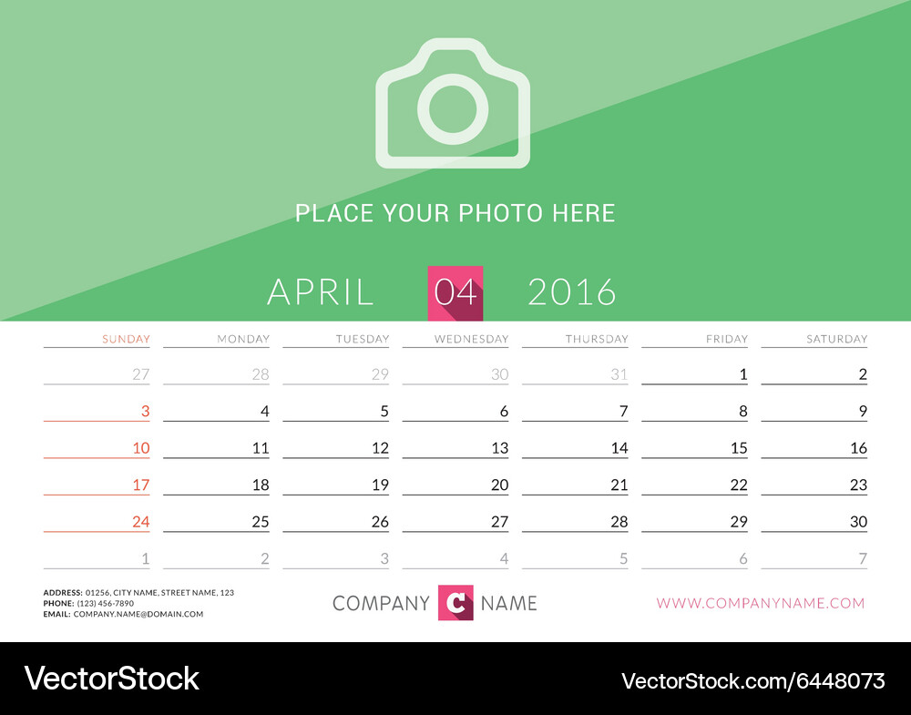 Desk calendar 2016 print template april week Vector Image