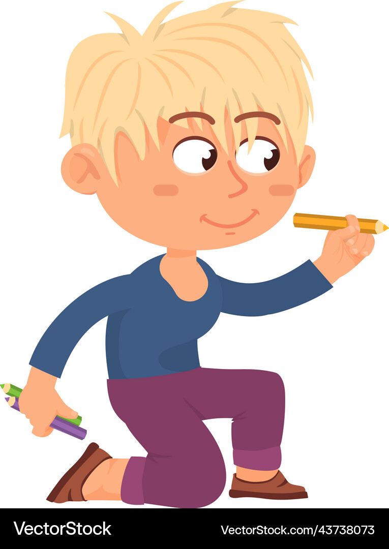 Funny kid drawing with color pencils creative boy Vector Image