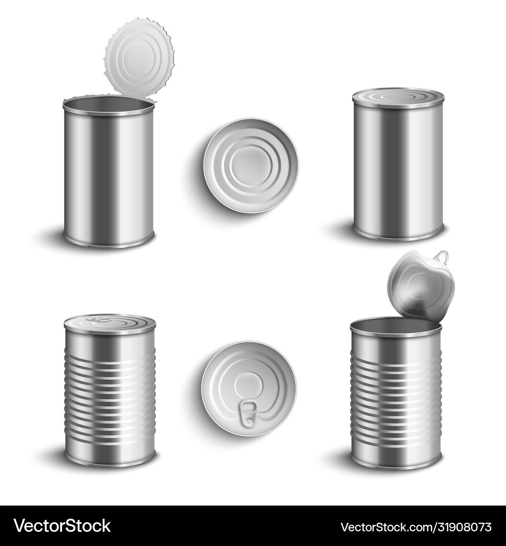 Realistic metal tin can set from side and top view
