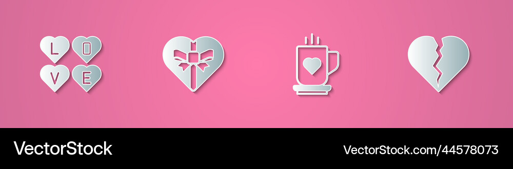 Set paper cut love text candy in heart shaped box Vector Image