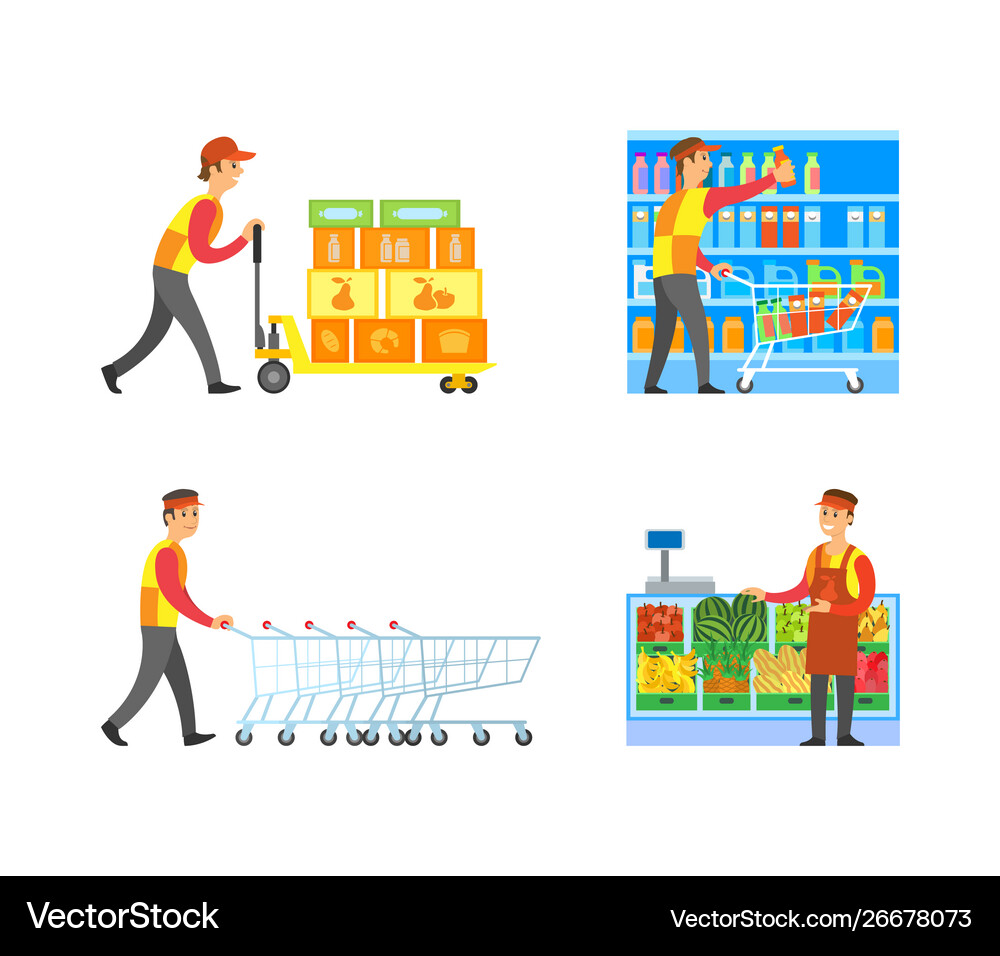 Supermarket stores male workers at work Royalty Free Vector