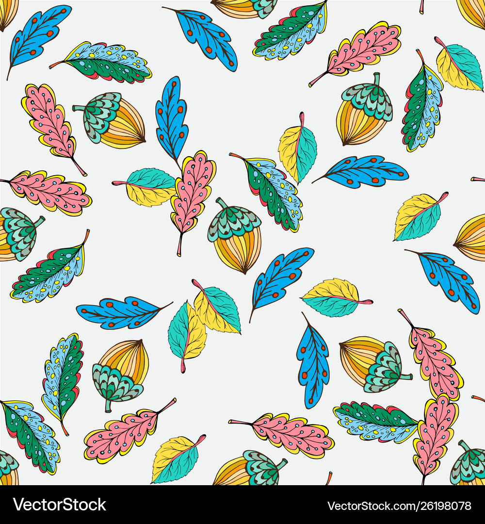 Doodle pattern colorful leaves and acorns Vector Image