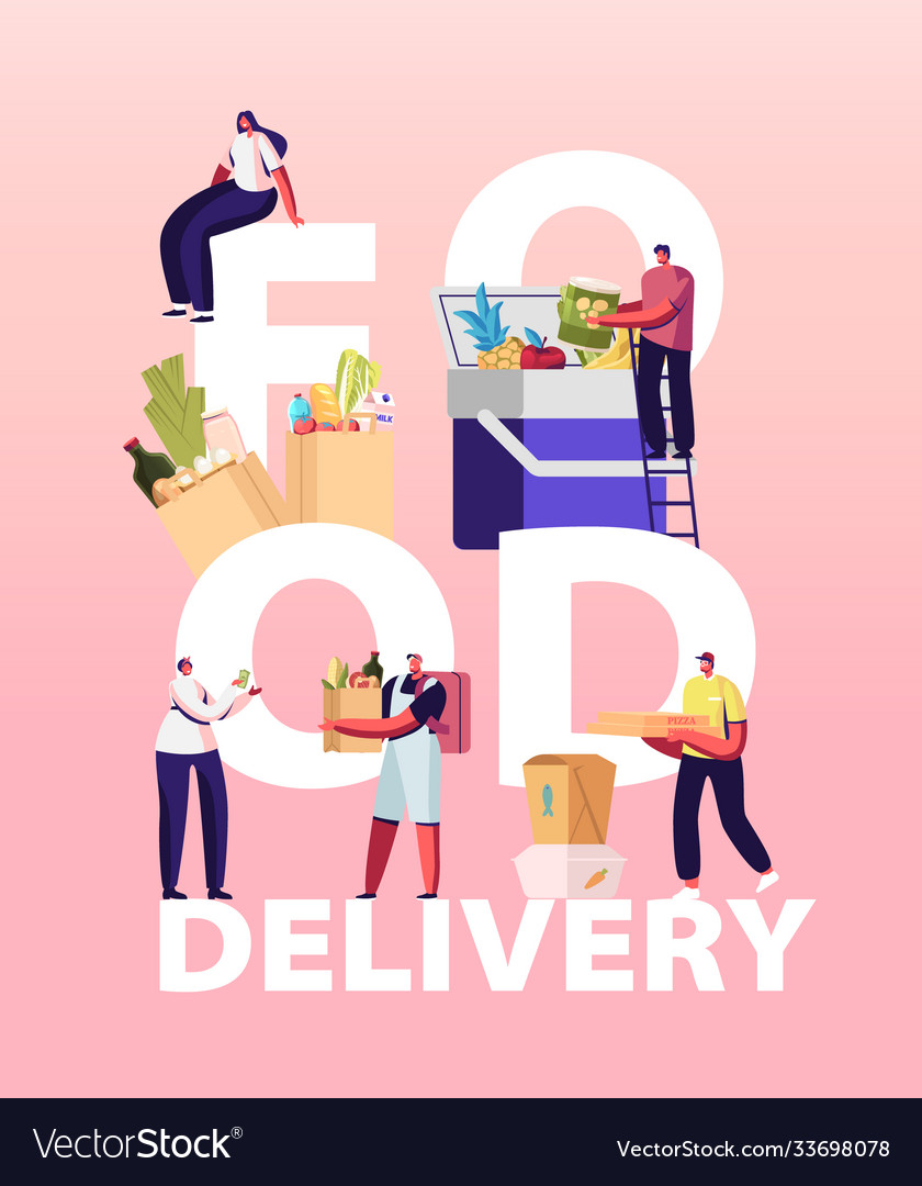 Food delivery concept couriers bring paper bags Vector Image Food delivery concept couriers bring paper bags Vector Image