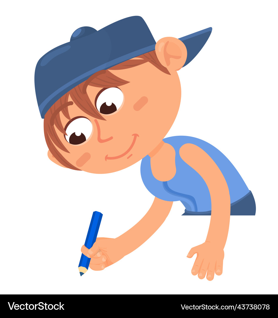 Funny boy drawing with blue pencil creative kid Vector Image