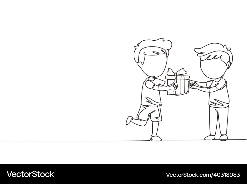Continuous one line drawing boy giving his friend Vector Image