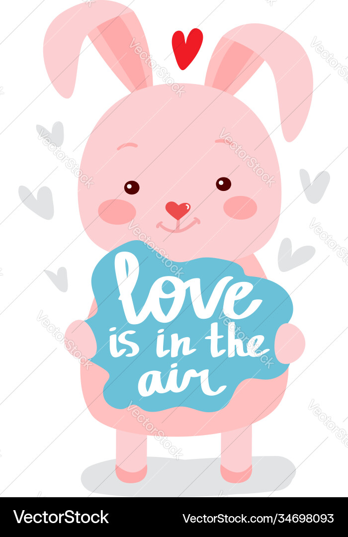 Cute pink bunny holds a sign with text Royalty Free Vector