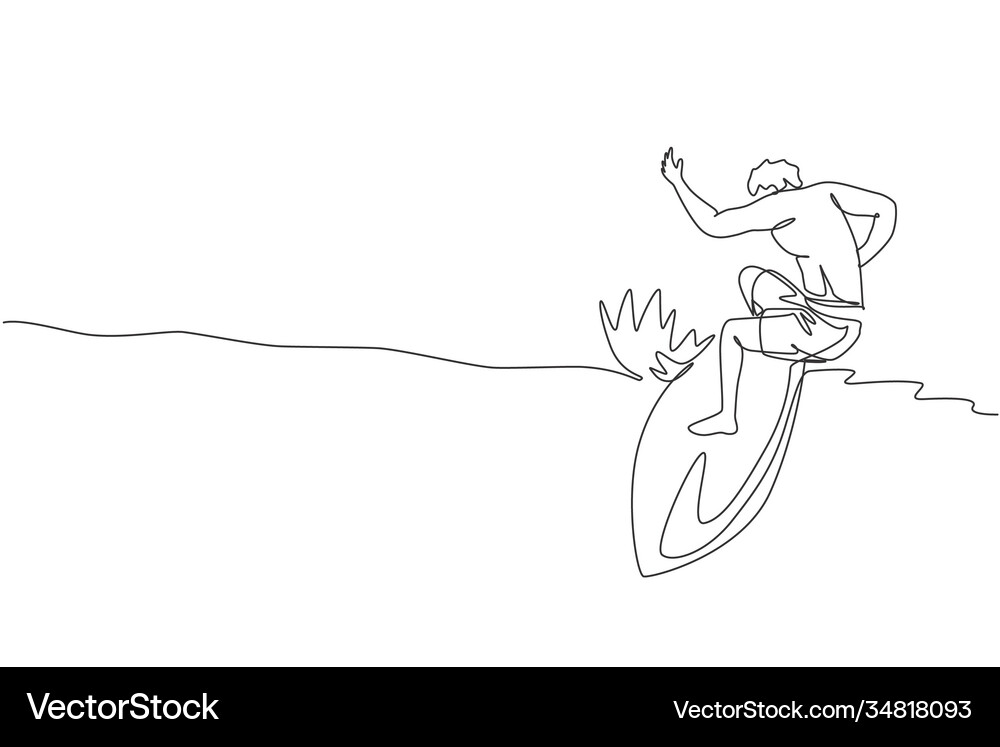 One single line drawing young sporty surfer Vector Image