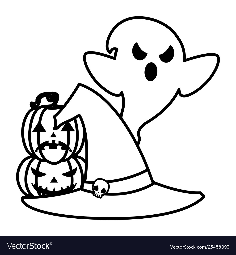 Witch hat halloween with pumpkin and ghost Vector Image