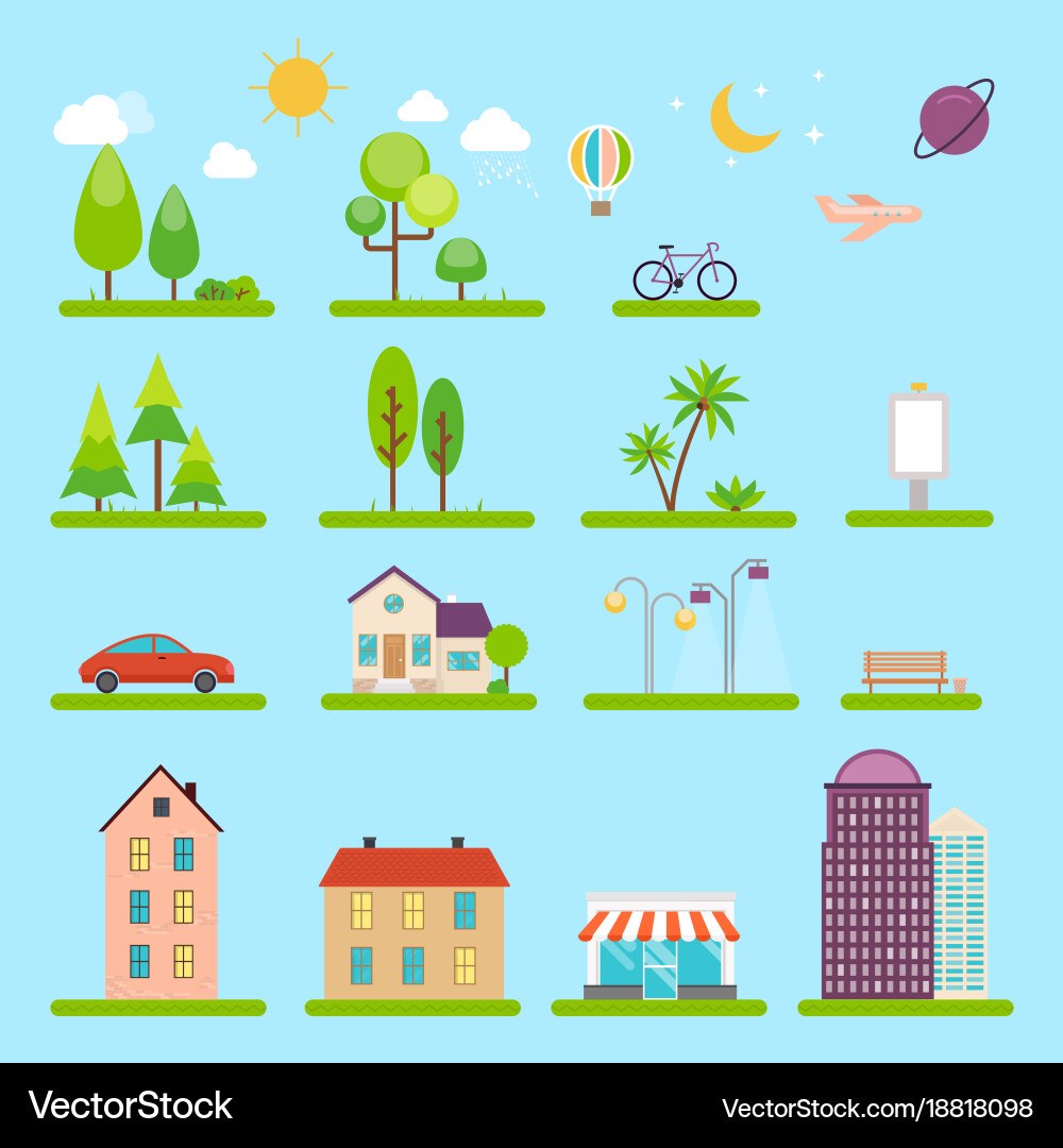 City in flat style icons Royalty Free Vector Image