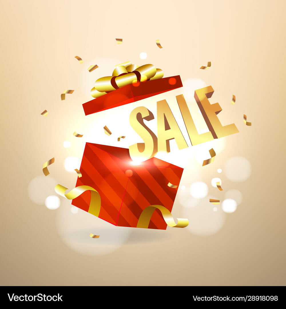 Golden sale inside open red gift box Royalty Free Vector