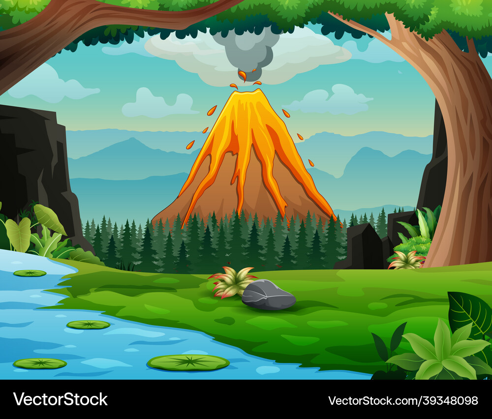 Nature forest landscape with a volcano erupt Vector Image