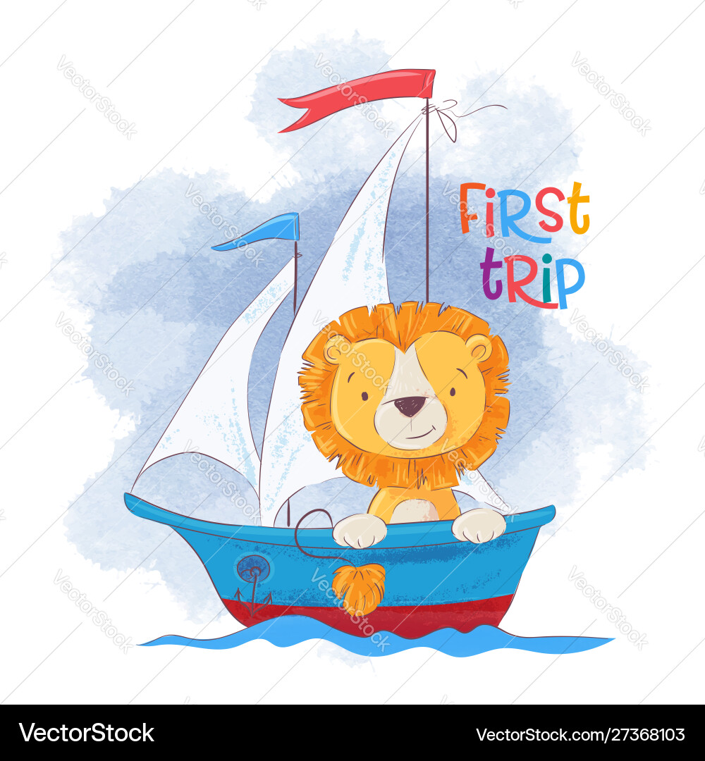 Cute cartoon lion on a sailing ship Royalty Free Vector