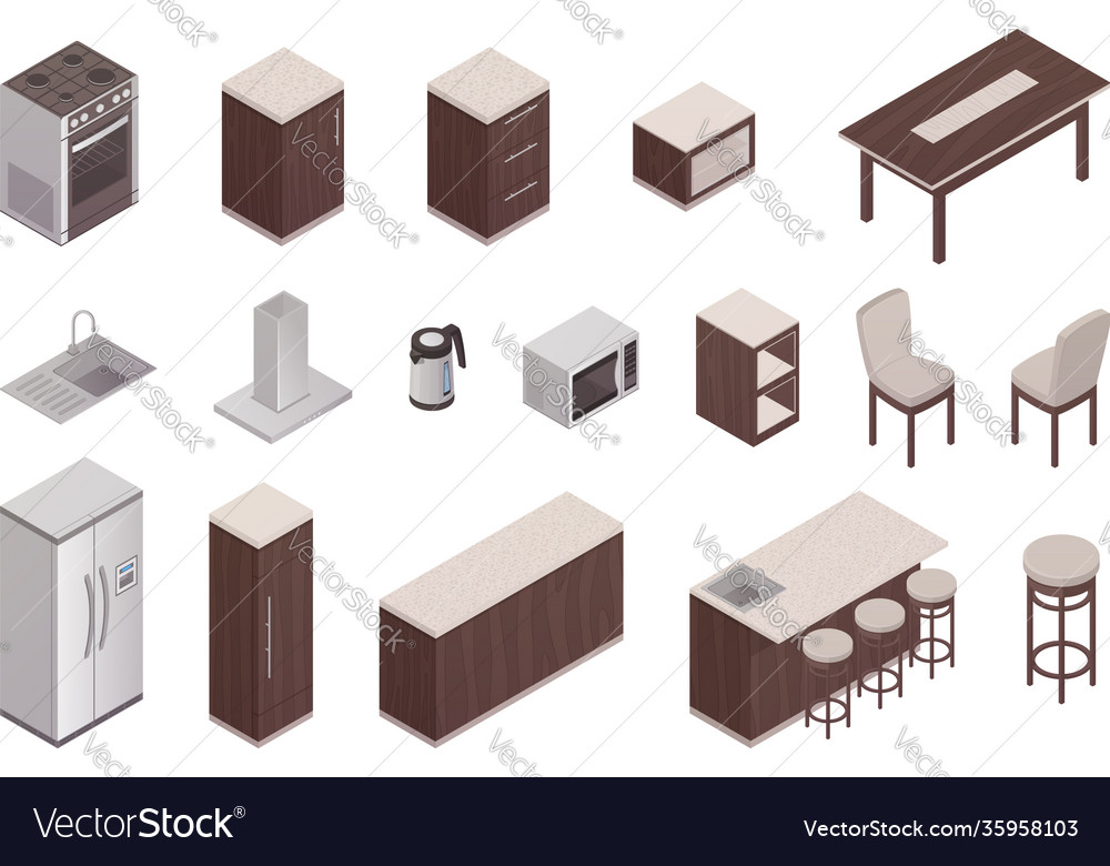 Isometric elements kitchen interior Royalty Free Vector