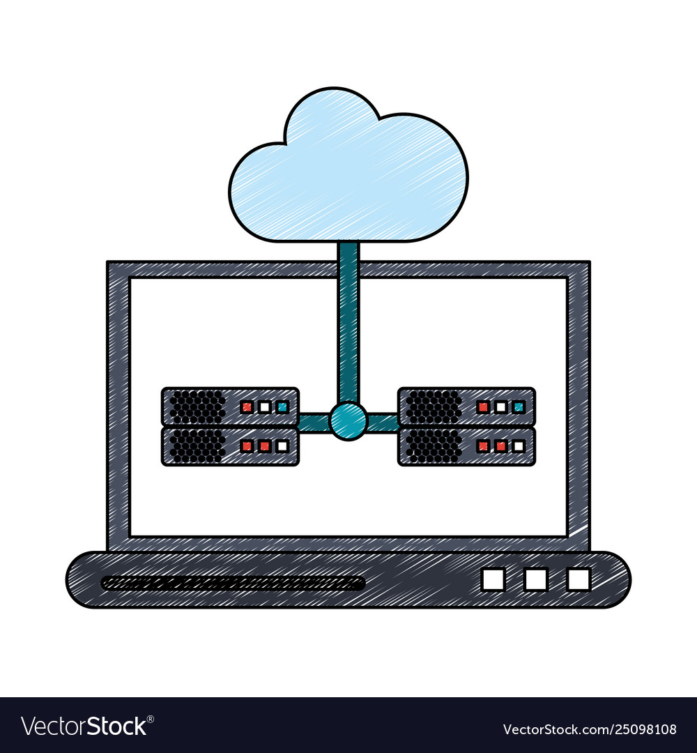 Laptop with cloud computing scribble Royalty Free Vector