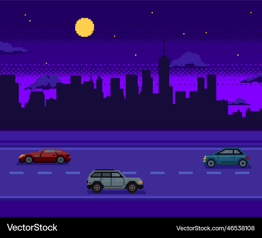 Pixel art game background with night cityscape and