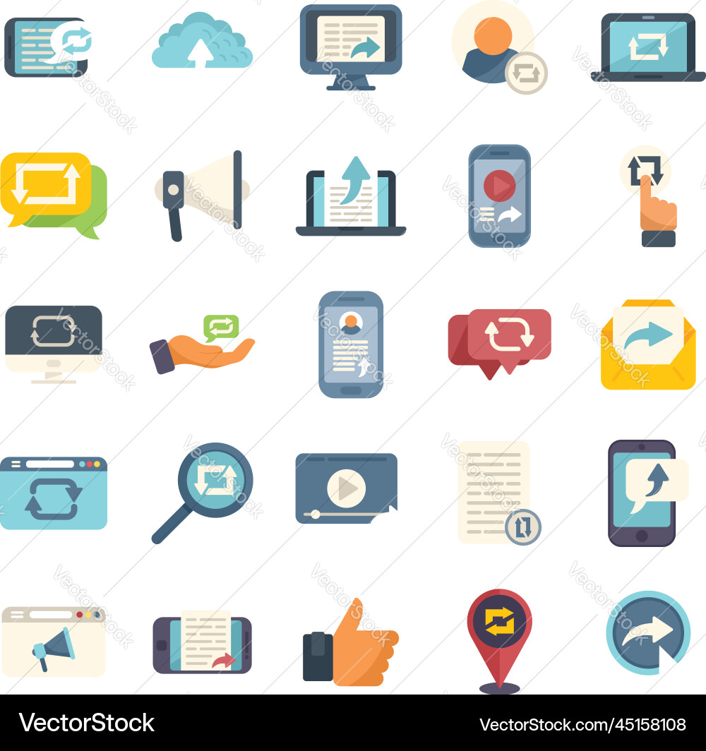 Repost icons set flat social video Royalty Free Vector Image