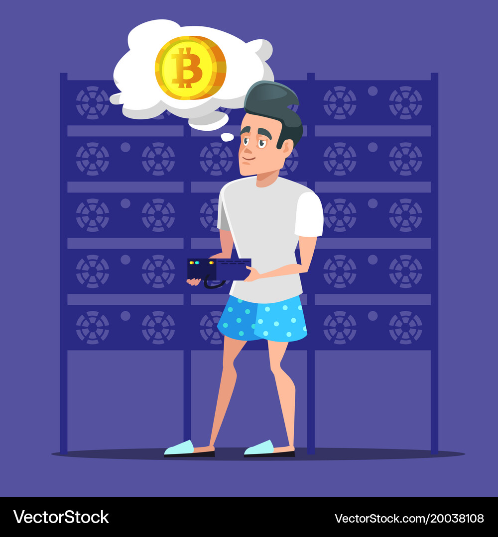 Young cartoon man bitcoin miner in server room Vector Image