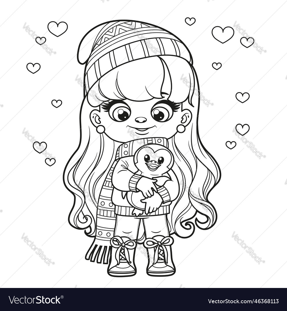 Cute Cartoon Long Haired Girl With Toy Penguin Vector Image
